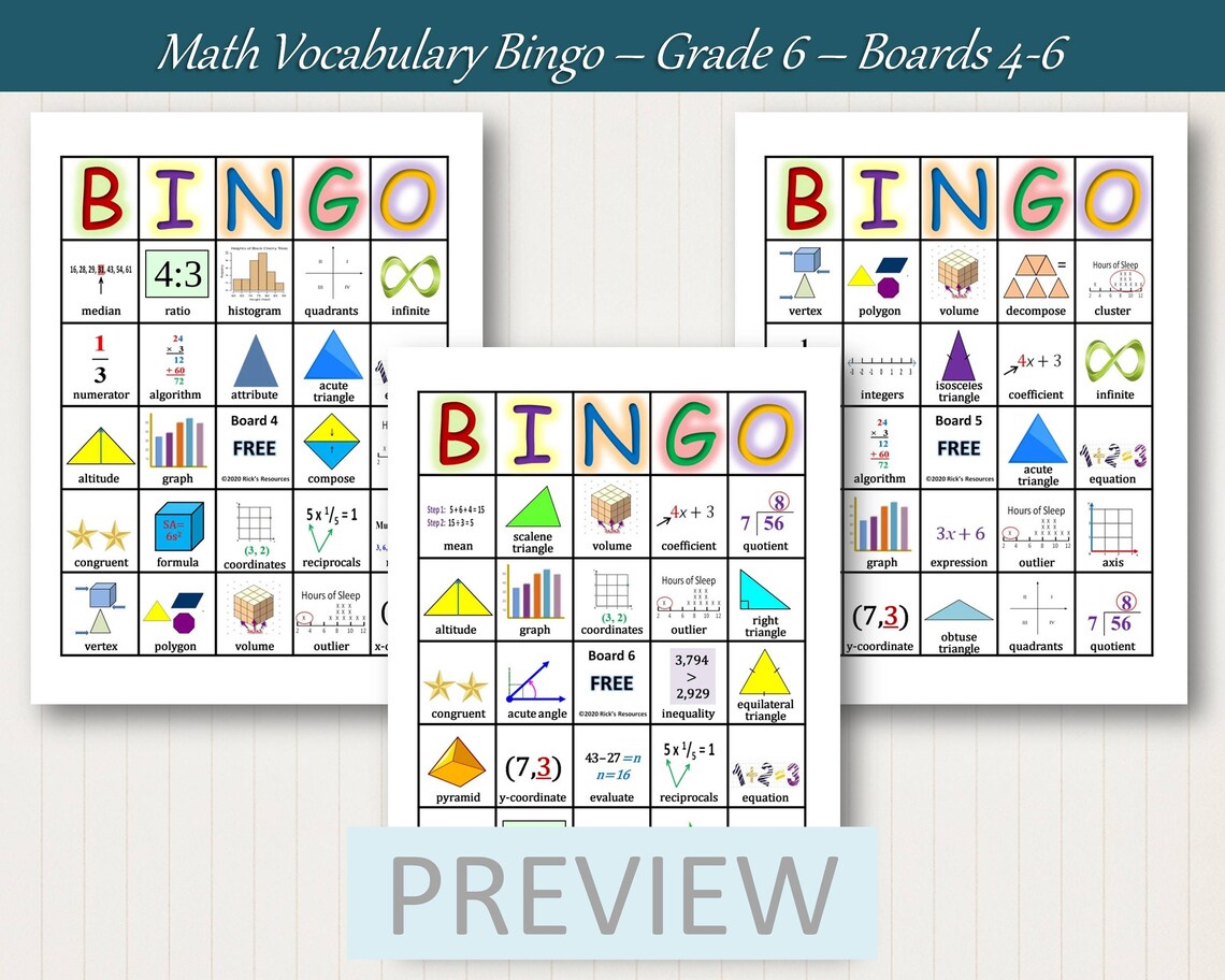 6th Grade Math Vocabulary Bingo Game - 30 Boards, Adjustable Difficulty ...