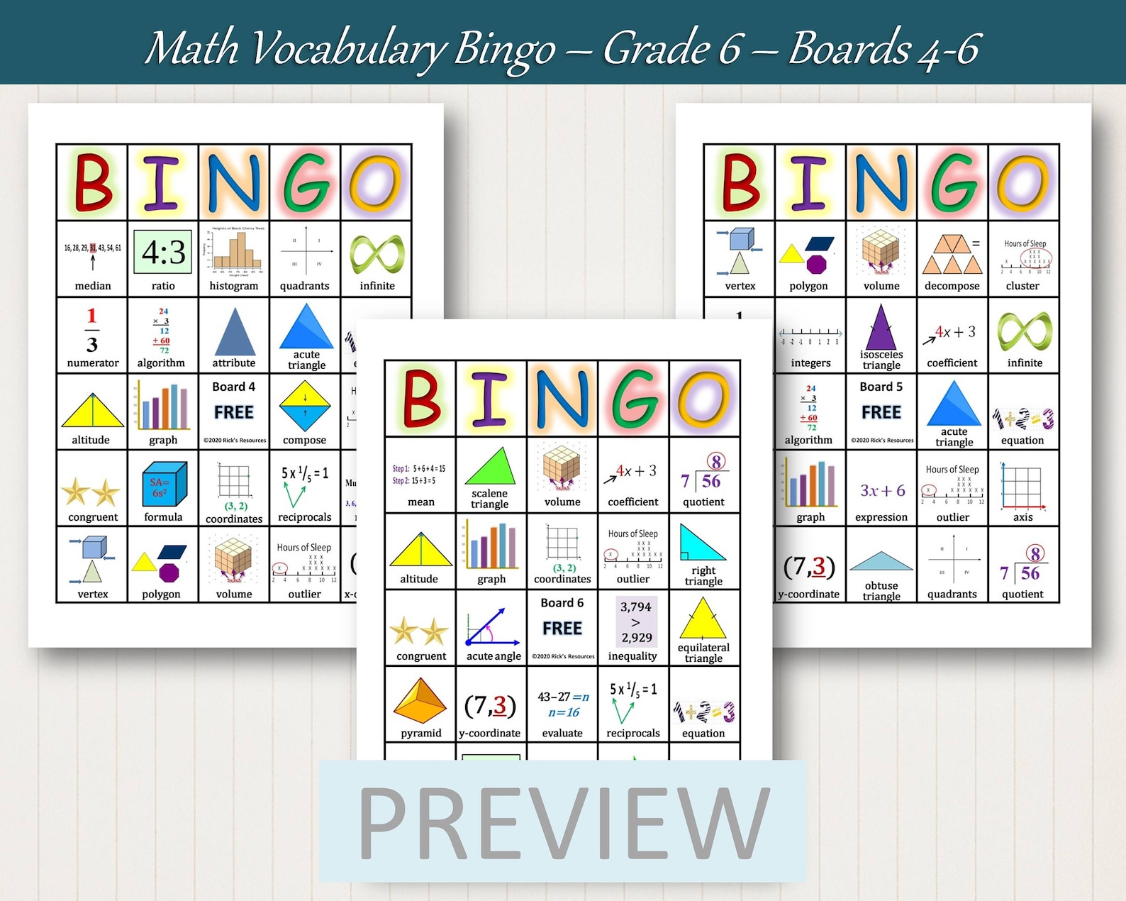 6th Grade Math Vocabulary Bingo Game - 30 Boards, Adjustable Difficulty ...