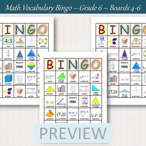 6th Grade Math Vocabulary Bingo Game - 30 Boards, Adjustable Difficulty ...