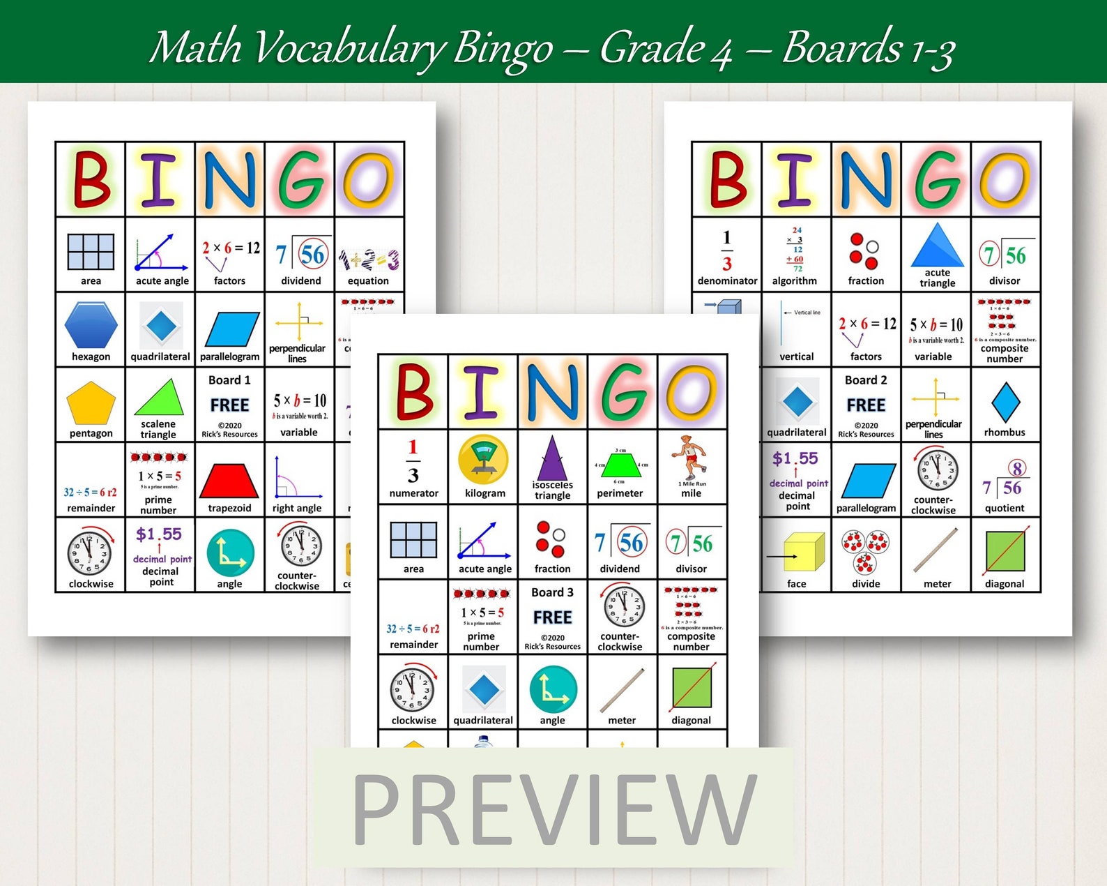 4th Grade Math Vocabulary Bingo Game - 30 Boards, Adjustable Difficulty ...