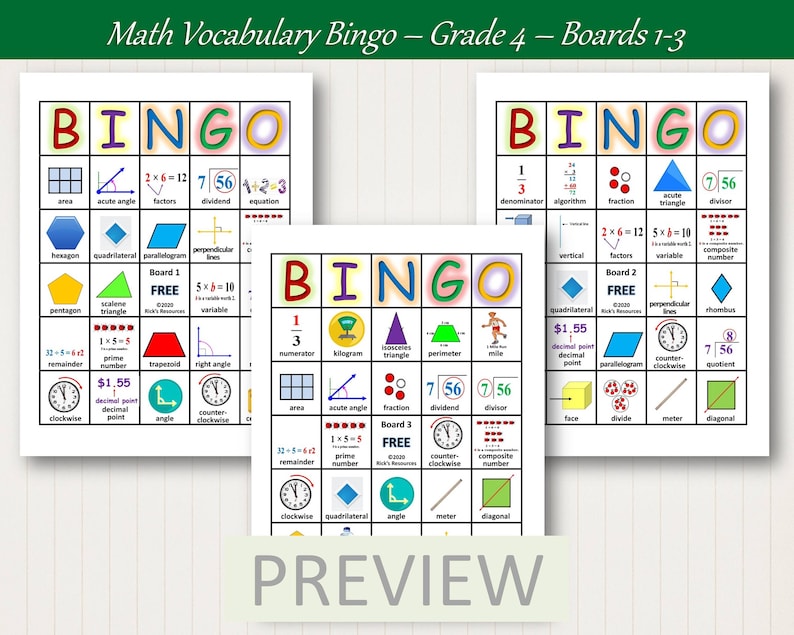 4th Grade Math Vocabulary Bingo Game - 30 Boards, Adjustable Difficulty ...