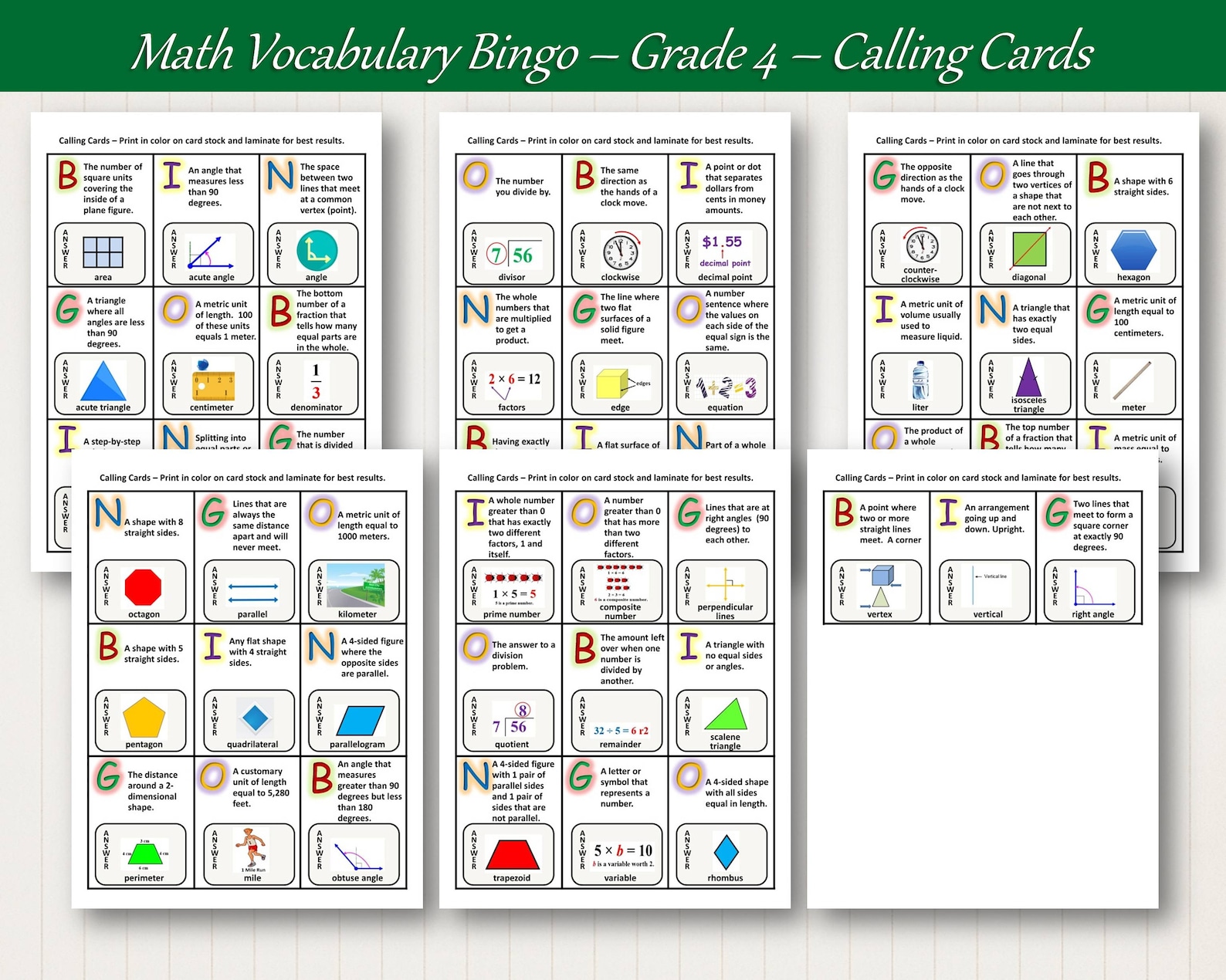 4th Grade Math Vocabulary Bingo Game - 30 Boards, Adjustable Difficulty ...