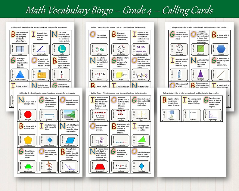 4th Grade Math Vocabulary Bingo Game - 30 Boards, Adjustable Difficulty ...