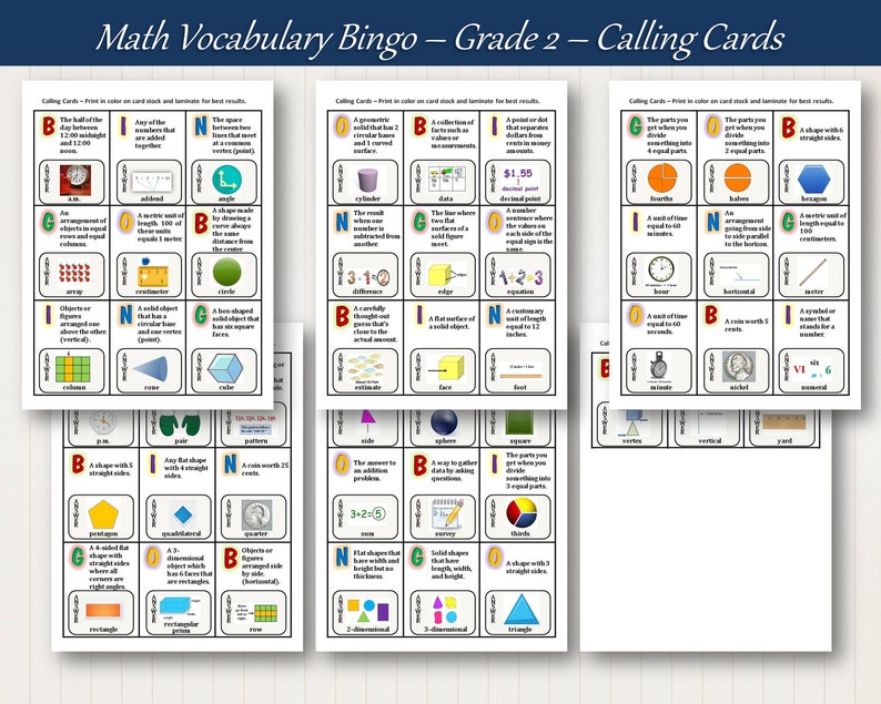 2nd Grade Math Vocabulary Bingo Game - 30 Boards, Adjustable Difficulty ...