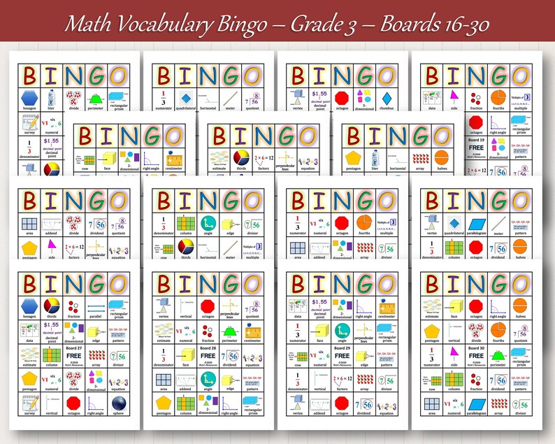 3rd Grade Math Vocabulary Bingo Game - 30 Boards, Adjustable Difficulty ...