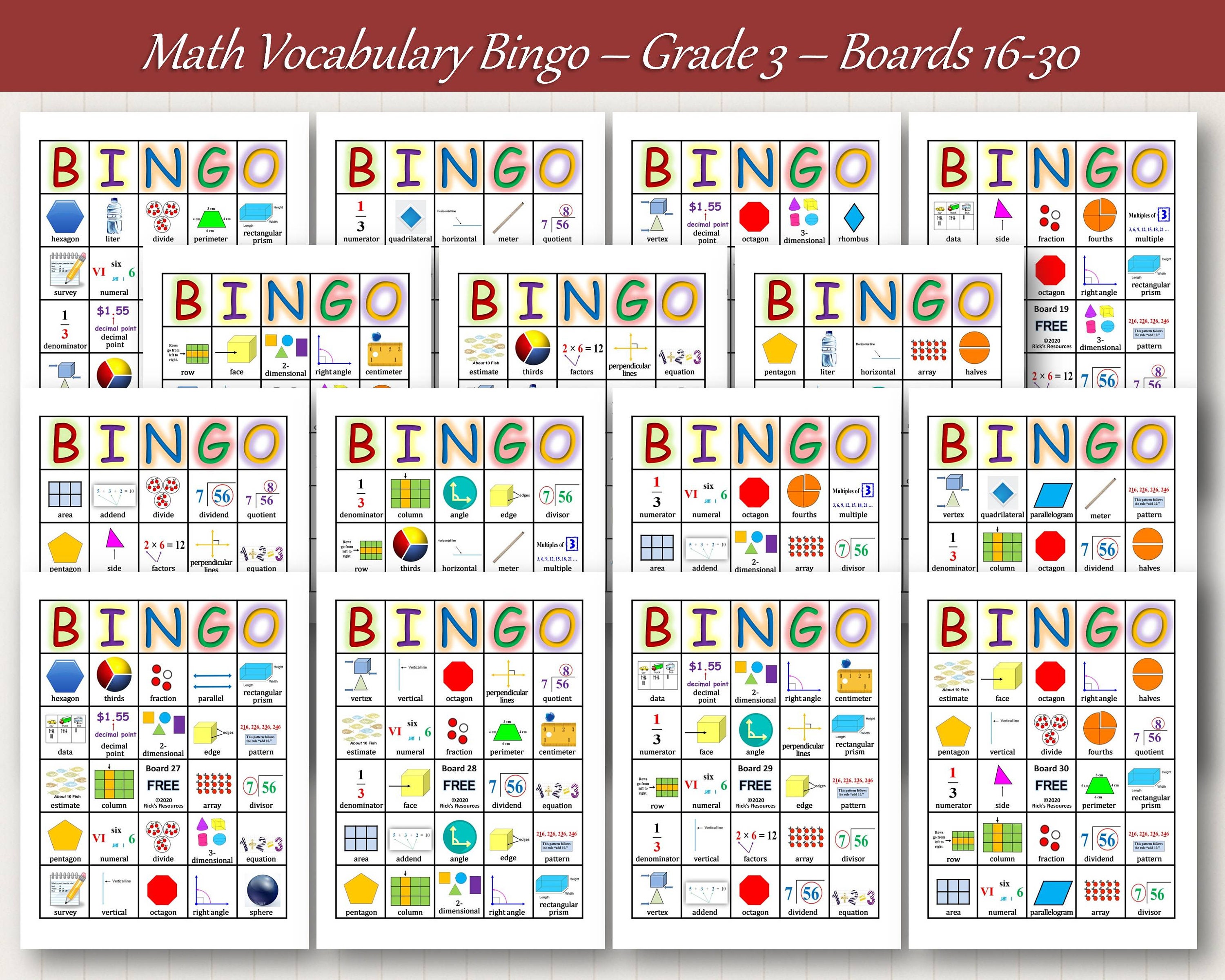 3rd Grade Math Vocabulary Bingo Game 30 Boards, Adjustable Difficulty ...