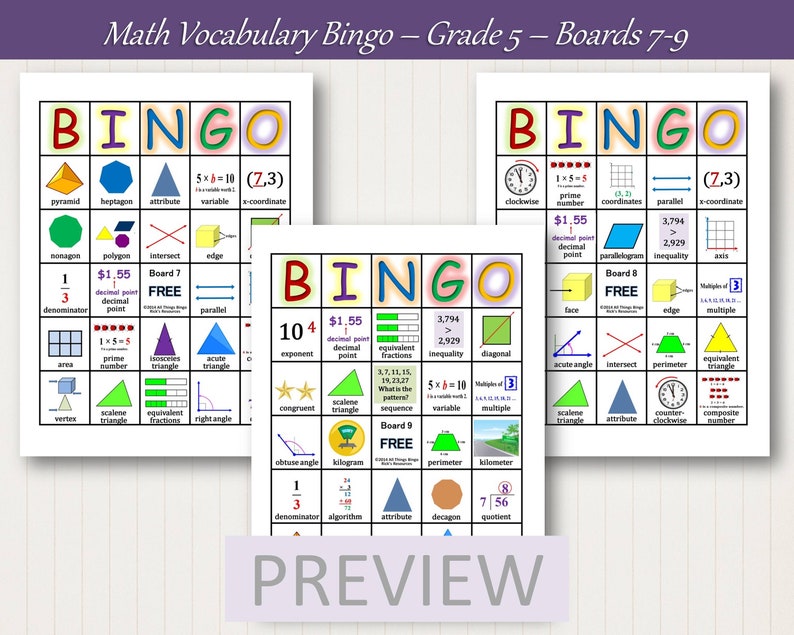 5th Grade Math Vocabulary Bingo Game - 30 Boards, Adjustable Difficulty ...