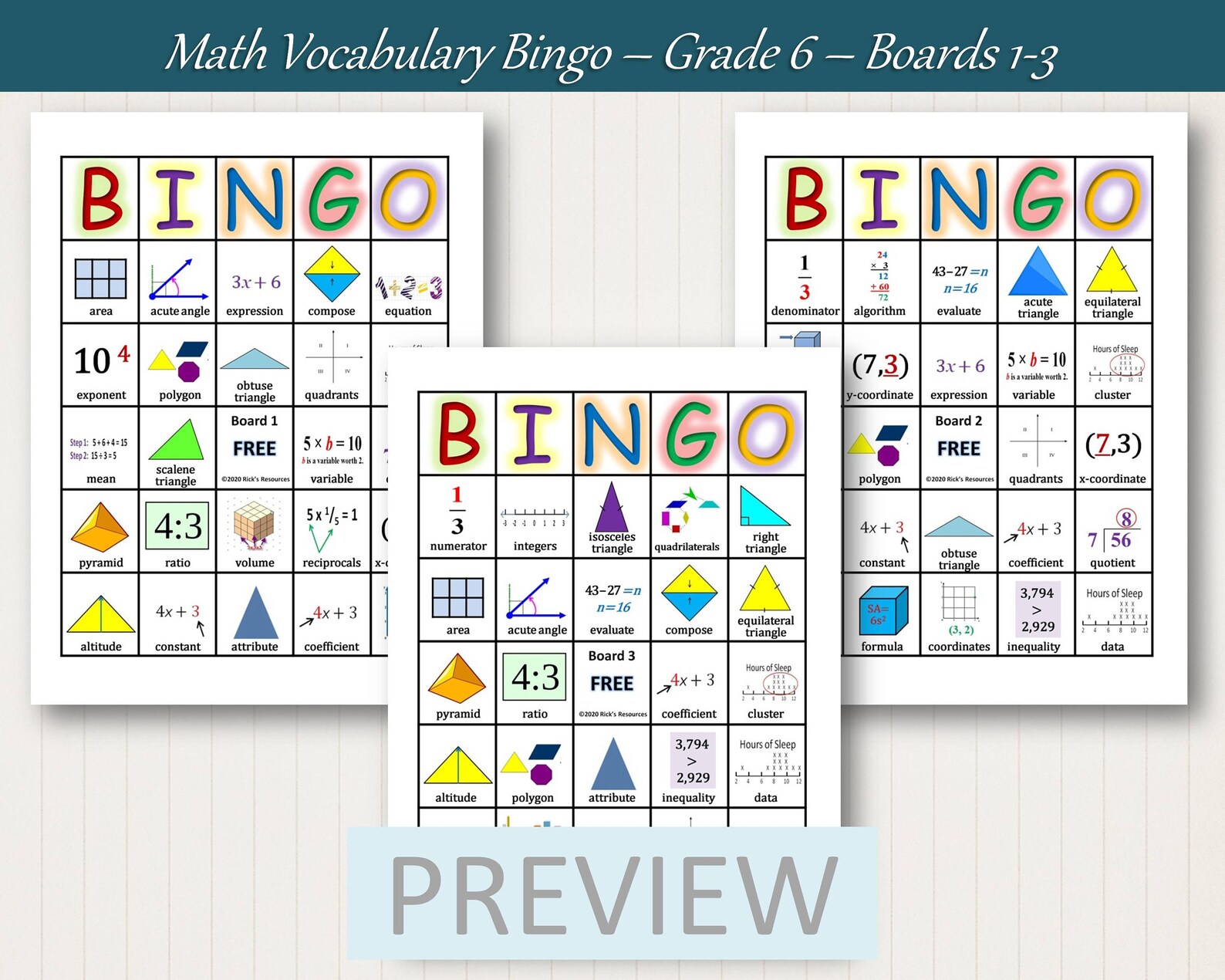 6th Grade Math Vocabulary Bingo Game - 30 Boards, Adjustable Difficulty ...
