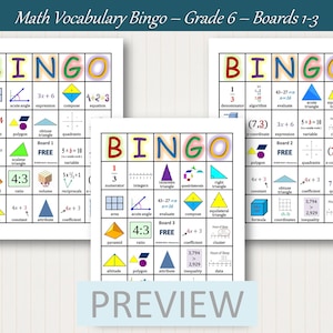 6th Grade Math Vocabulary Bingo Game - 30 Boards, Adjustable Difficulty ...