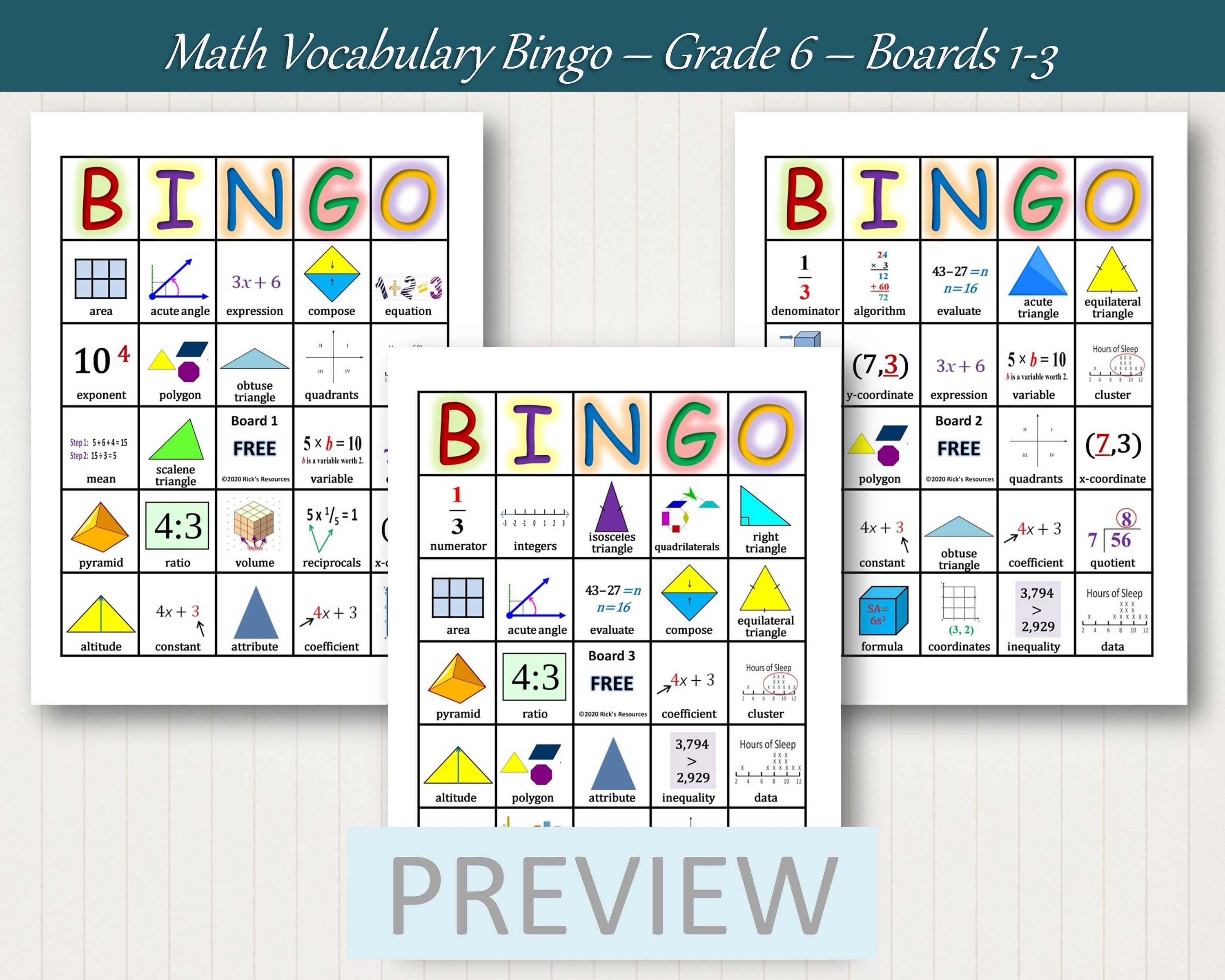 6th Grade Math Vocabulary Bingo Game 30 Boards, Adjustable Difficulty ...