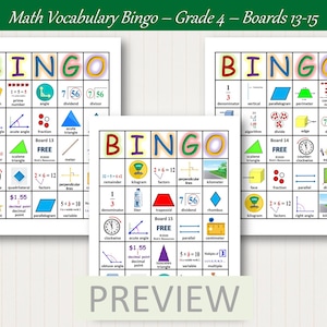 4th Grade Math Vocabulary Bingo Game - 30 Boards, Adjustable Difficulty ...