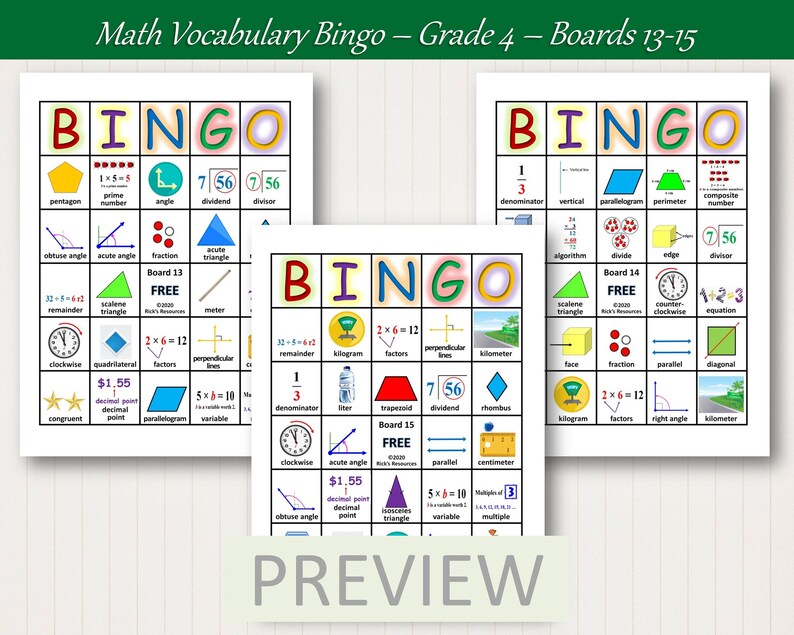 4th Grade Math Vocabulary Bingo Game - 30 Boards, Adjustable Difficulty ...