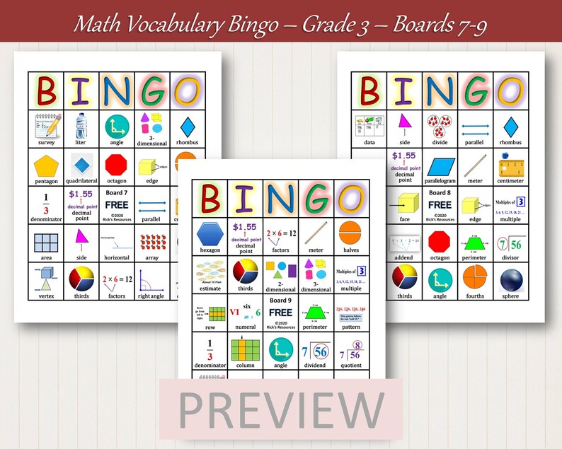 3rd Grade Math Vocabulary Bingo Game - 30 Boards, Adjustable Difficulty ...