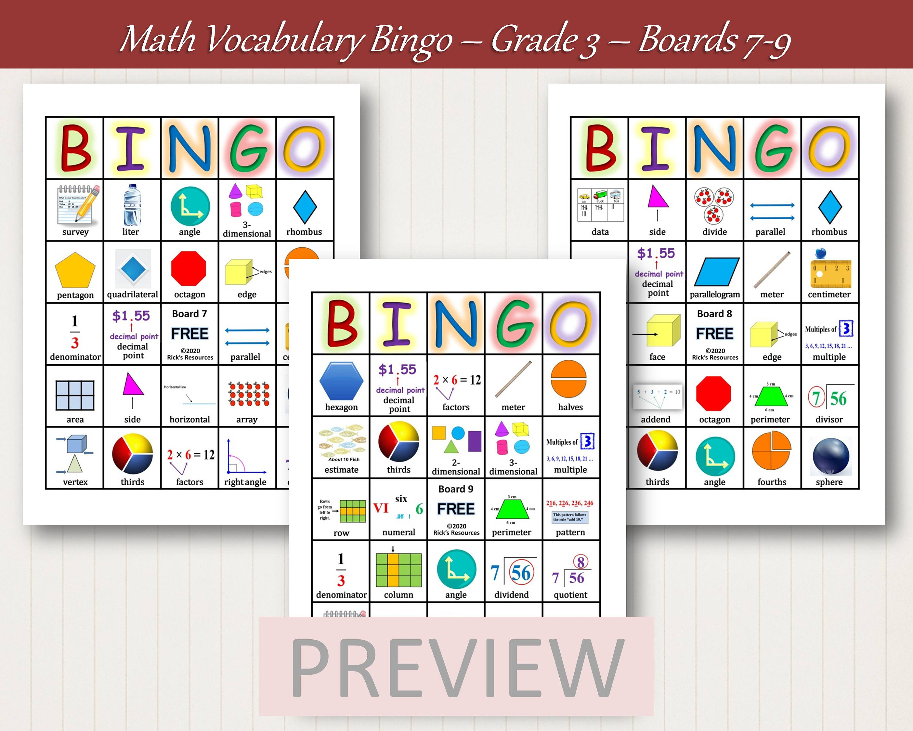 3rd Grade Math Vocabulary Bingo Game 30 Boards, Adjustable Difficulty ...