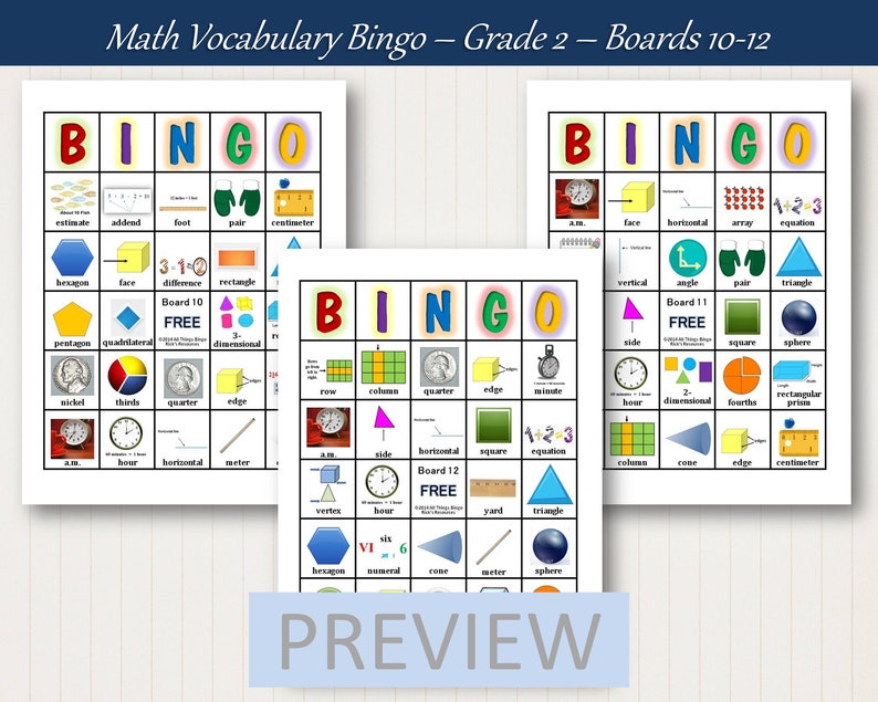 2nd Grade Math Vocabulary Bingo Game - 30 Boards, Adjustable Difficulty ...
