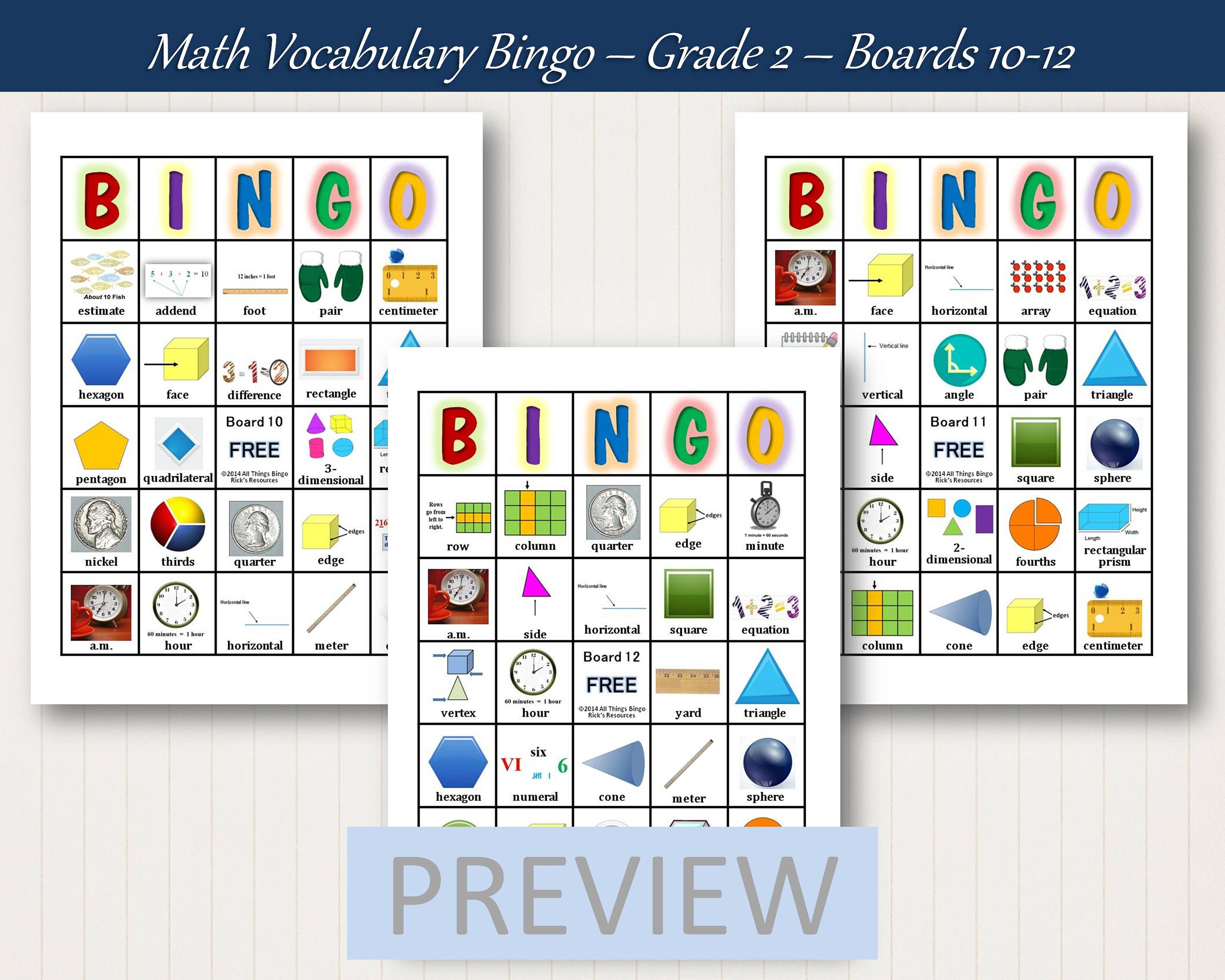 2nd Grade Math Vocabulary Bingo Game 30 Boards, Adjustable Difficulty ...