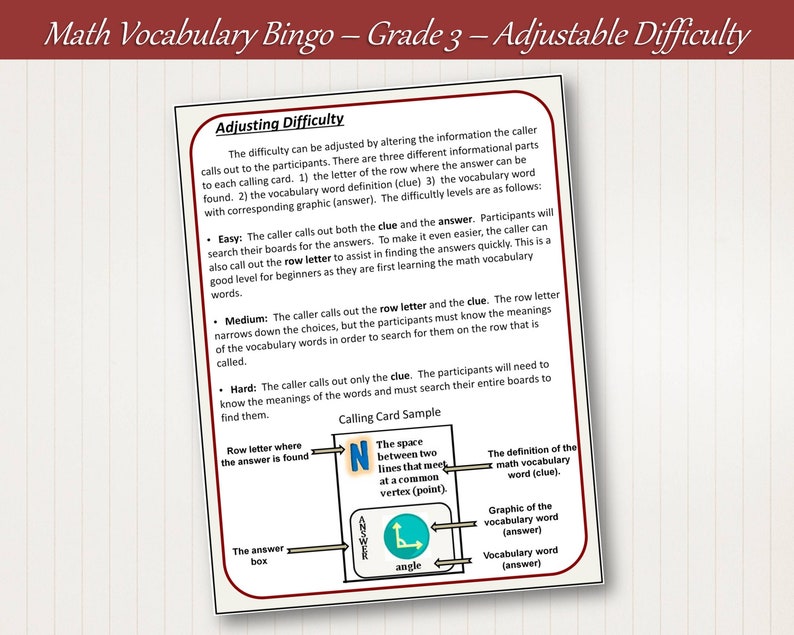 3rd Grade Math Vocabulary Bingo Game - 30 Boards, Adjustable Difficulty ...