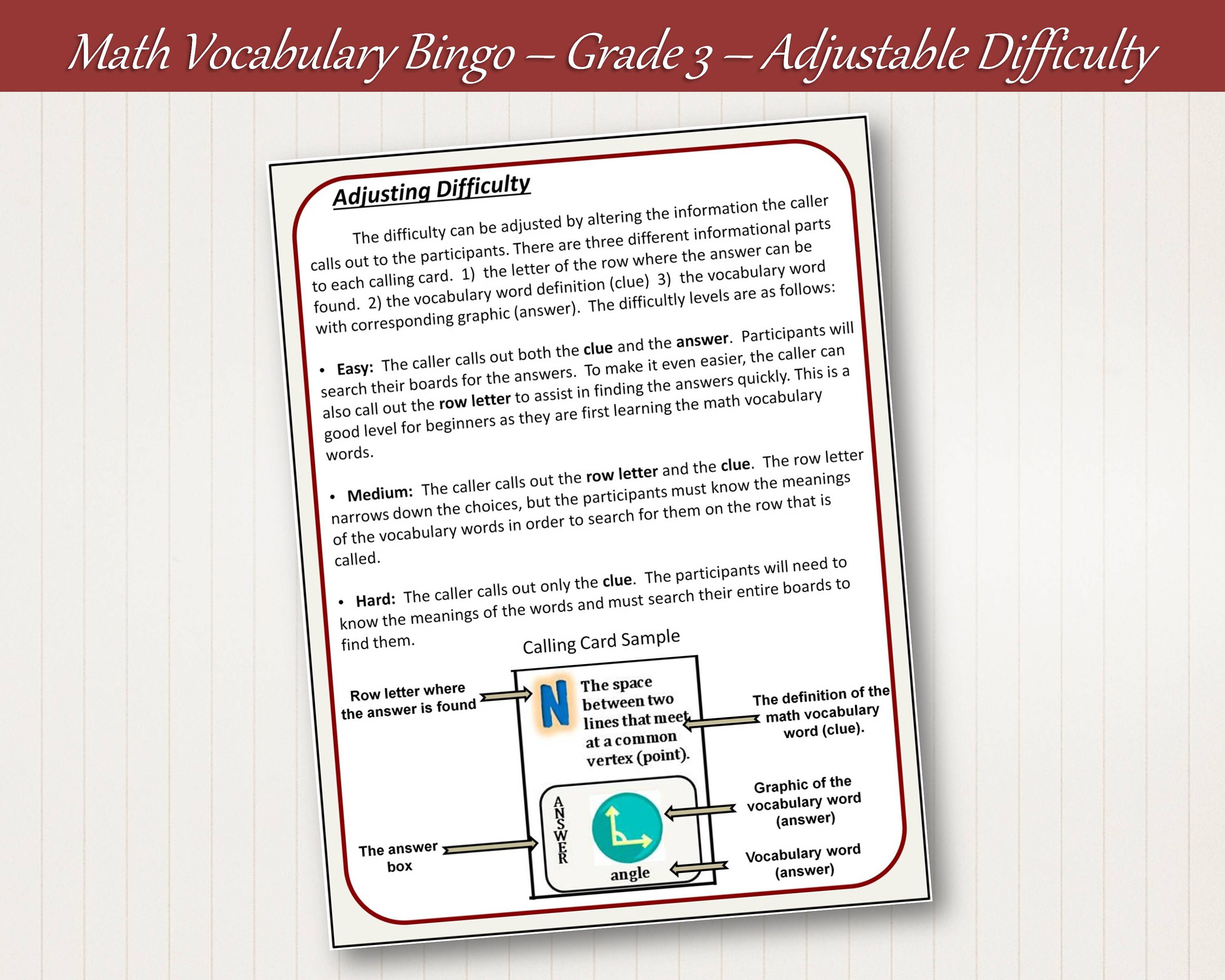 3rd Grade Math Vocabulary Bingo Game - 30 Boards, Adjustable Difficulty ...