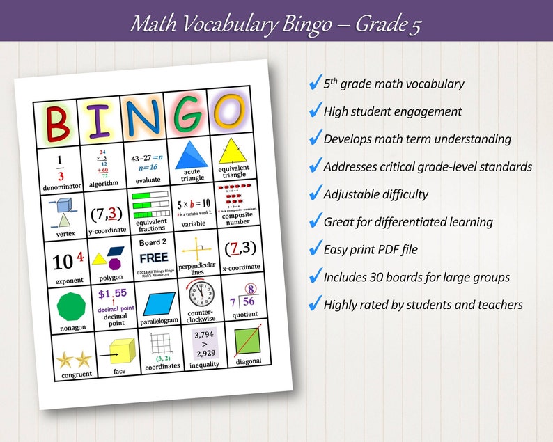 5th Grade Math Vocabulary Bingo Game - 30 Boards, Adjustable Difficulty ...