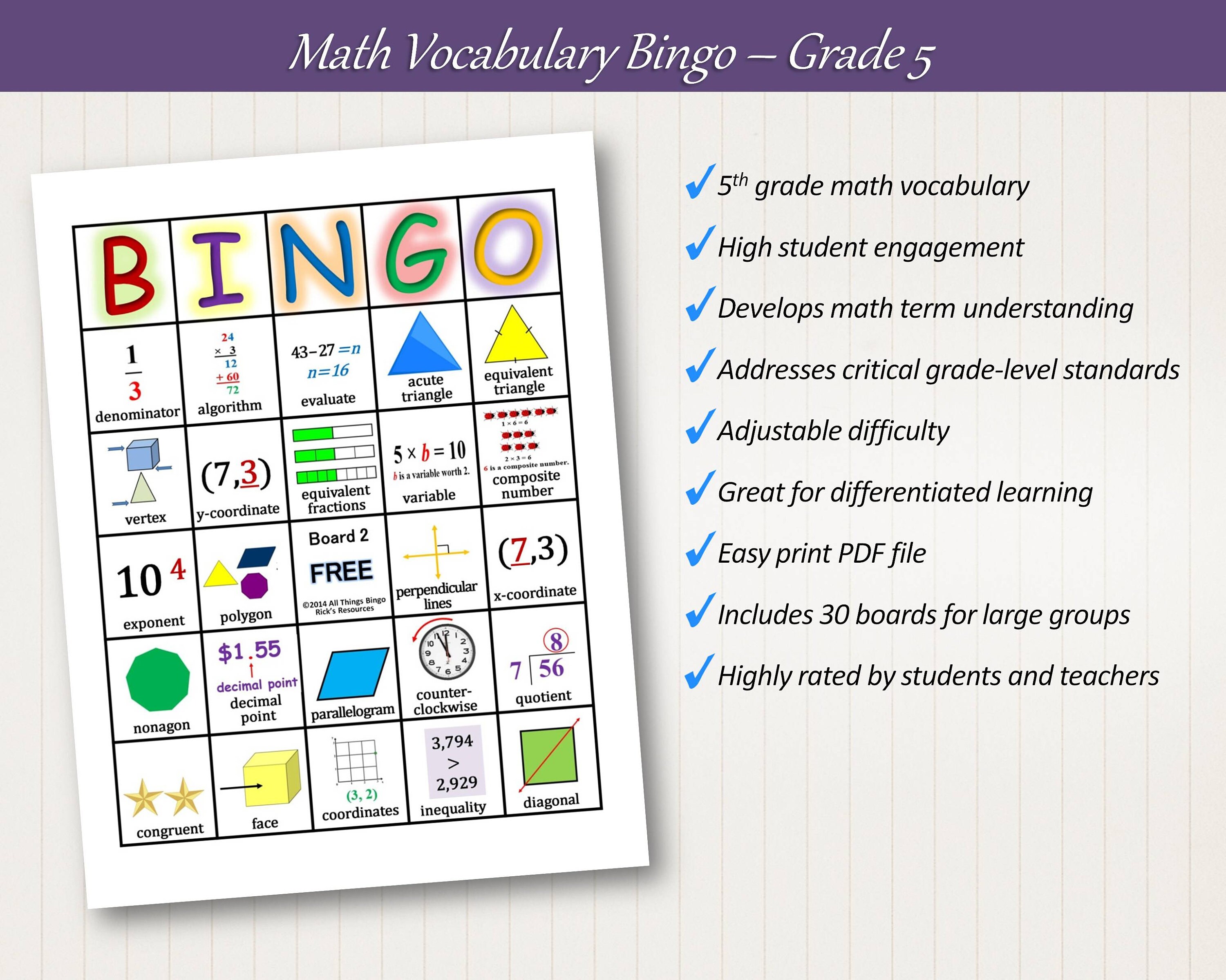 5th Grade Math Vocabulary Bingo Game 30 Boards, Adjustable Difficulty ...