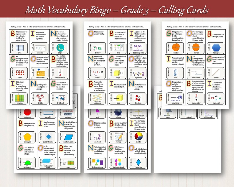 3rd Grade Math Vocabulary Bingo Game - 30 Boards, Adjustable Difficulty ...