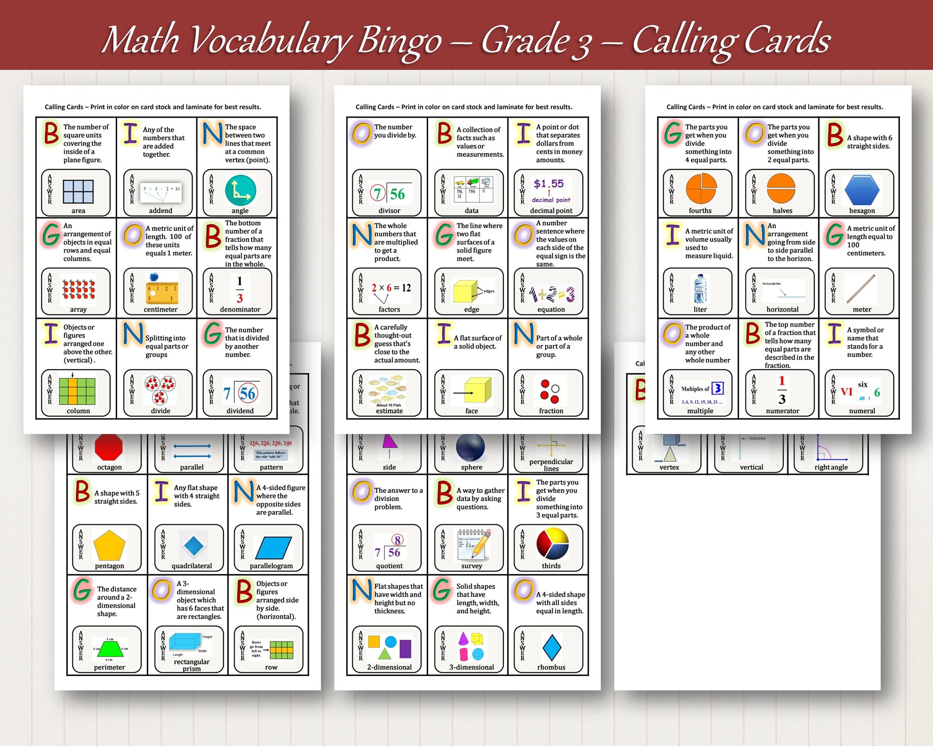 3rd Grade Math Vocabulary Bingo Game - 30 Boards, Adjustable Difficulty ...