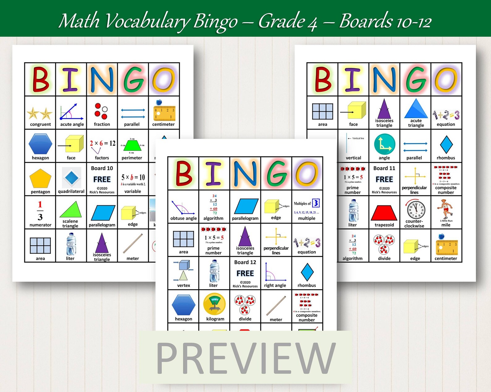 4th Grade Math Vocabulary Bingo Game - 30 Boards, Adjustable Difficulty ...