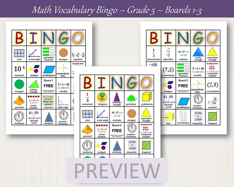 5th Grade Math Vocabulary Bingo Game 30 Boards Adjustable - Etsy