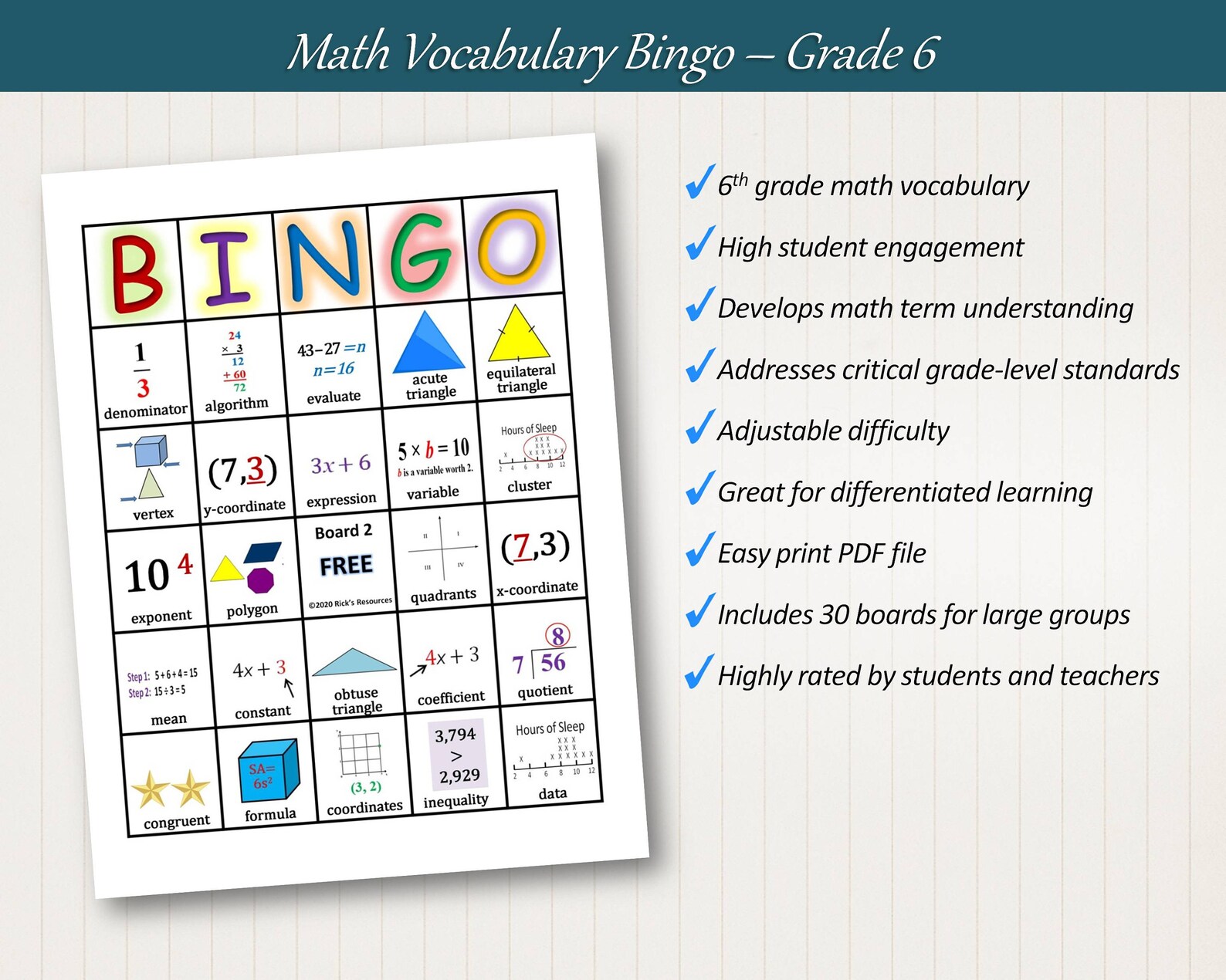 6th Grade Math Vocabulary Bingo Game - 30 Boards, Adjustable Difficulty ...