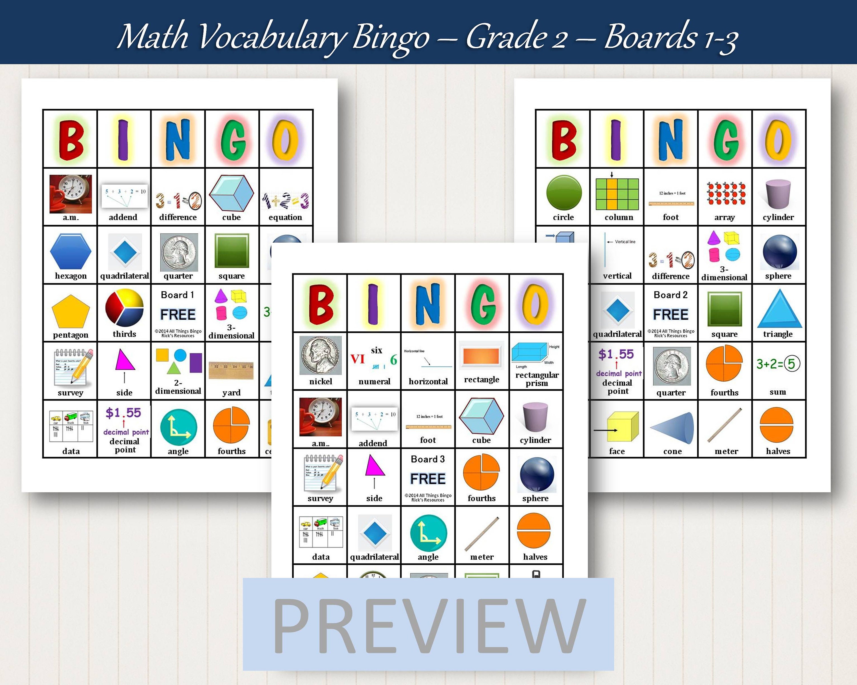2nd Grade Math Vocabulary Bingo Game 30 Boards, Adjustable Difficulty ...