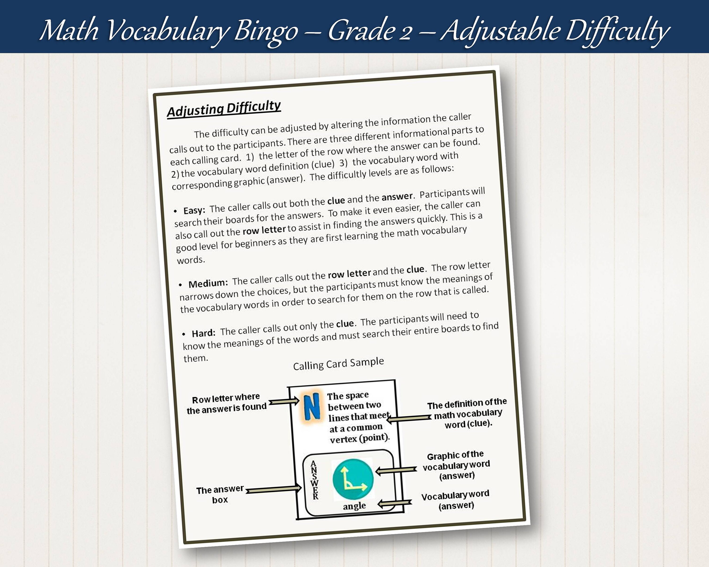 2nd Grade Math Vocabulary Bingo Game 30 Boards, Adjustable Difficulty ...