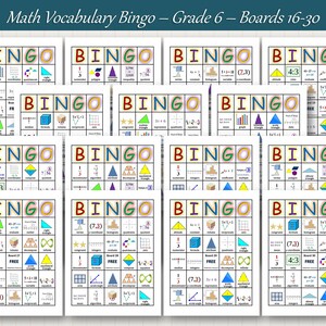 6th Grade Math Vocabulary Bingo Game - 30 Boards, Adjustable Difficulty ...