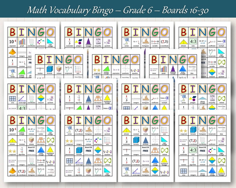 6th Grade Math Vocabulary Bingo Game - 30 Boards, Adjustable Difficulty ...