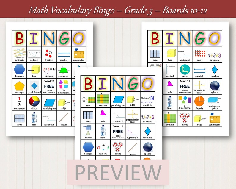 3rd Grade Math Vocabulary Bingo Game - 30 Boards, Adjustable Difficulty ...