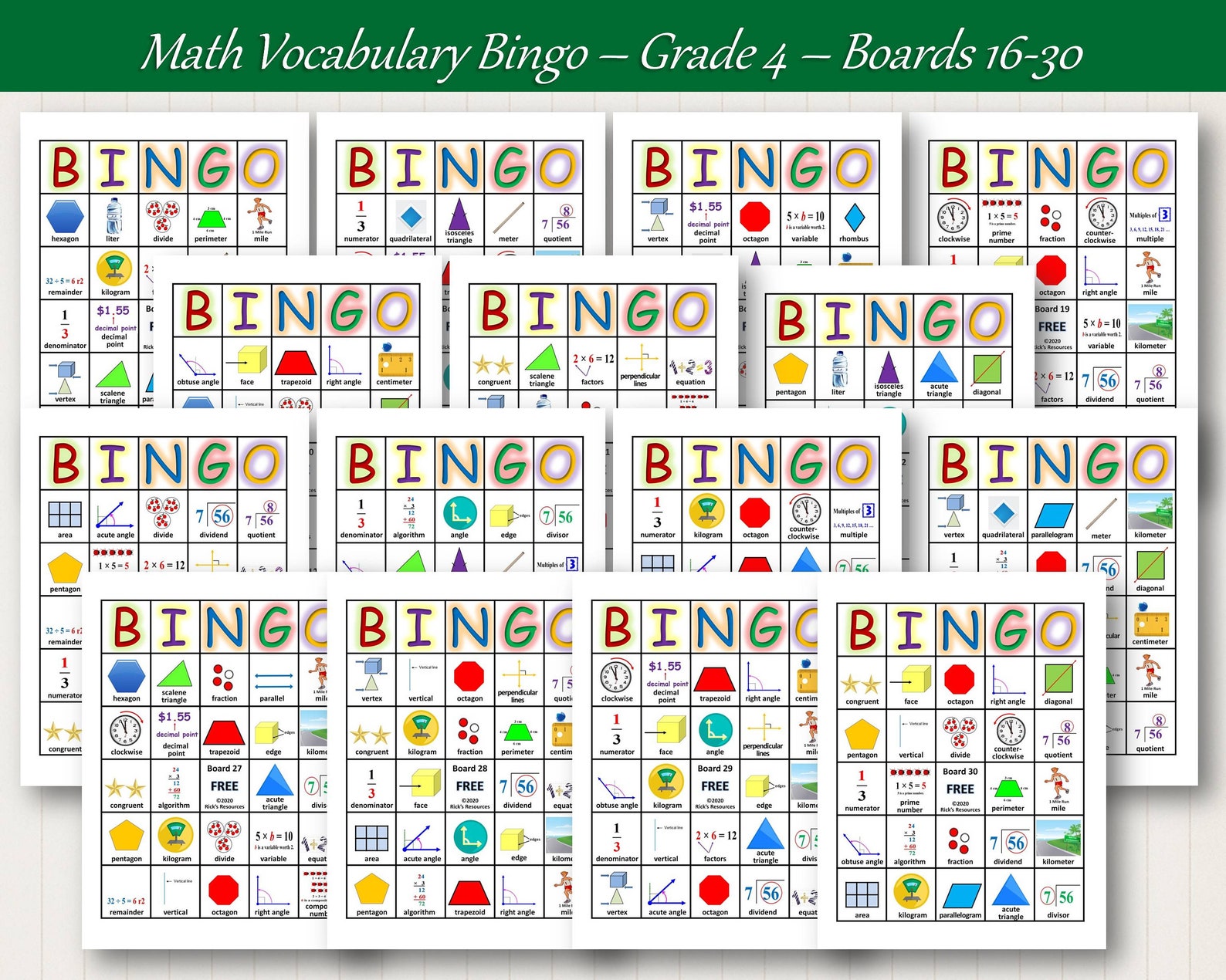 4th Grade Math Vocabulary Bingo Game - 30 Boards, Adjustable Difficulty ...