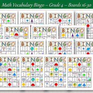4th Grade Math Vocabulary Bingo Game - 30 Boards, Adjustable Difficulty ...