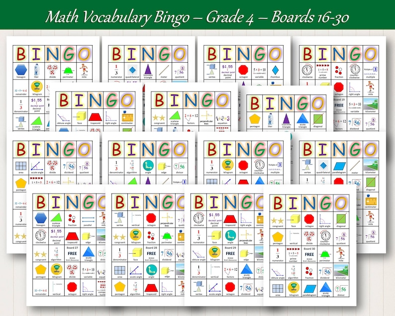 4th Grade Math Vocabulary Bingo Game - 30 Boards, Adjustable Difficulty ...