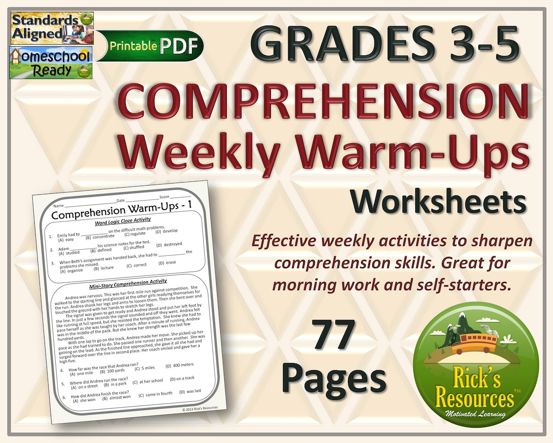 Reading Comprehension Weekly Warm-up Worksheets Grades 3-5 - Etsy