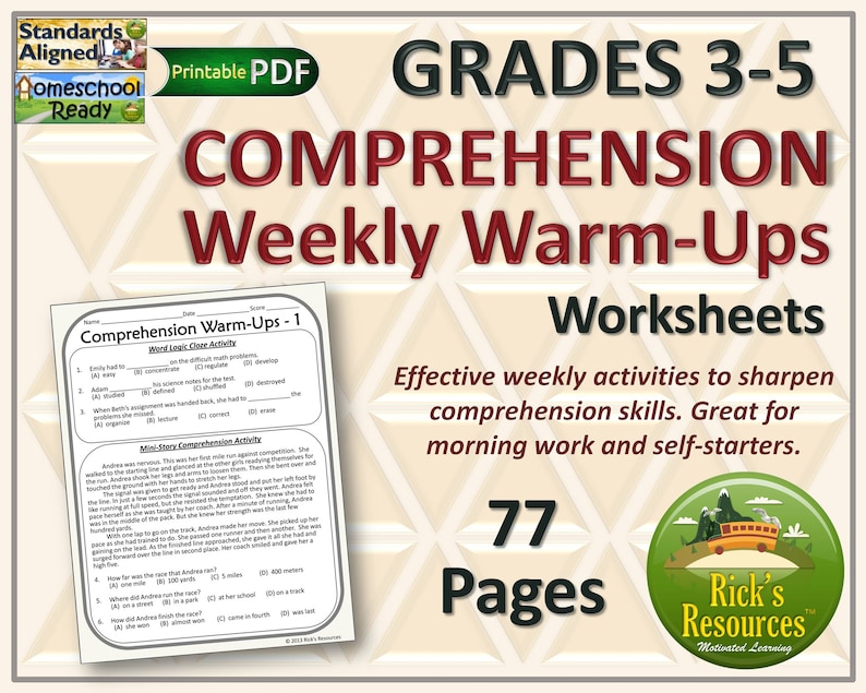 Reading Comprehension Weekly Warm-up Worksheets Grades 3-5 - Etsy