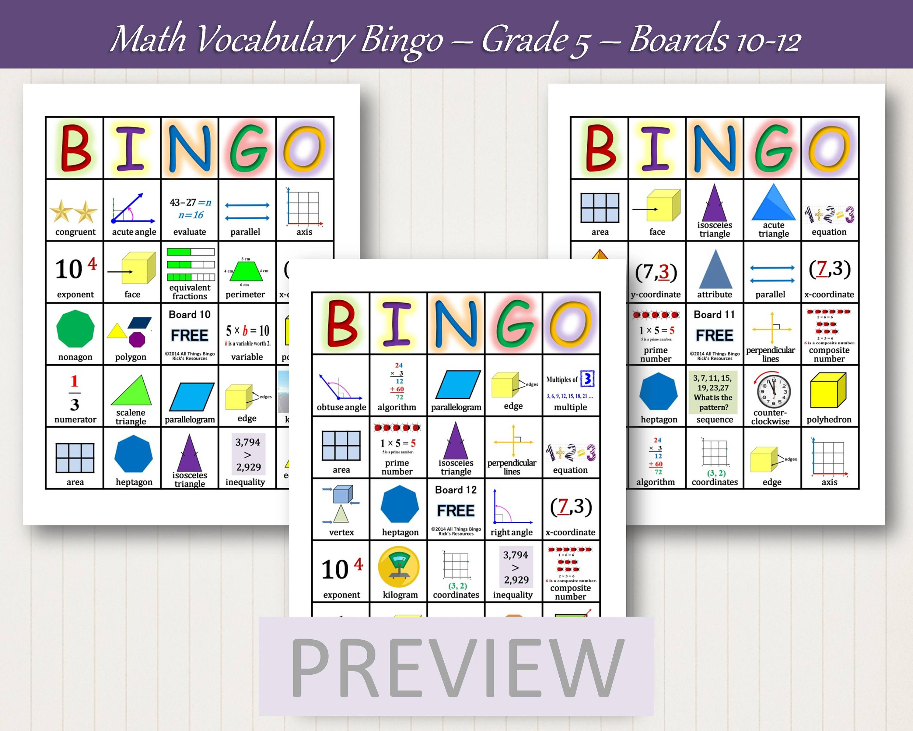 5th Grade Math Vocabulary Bingo Game 30 Boards, Adjustable Difficulty ...