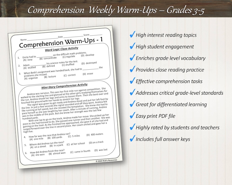Reading Comprehension Weekly Warm-up Worksheets Grades 3-5 - Etsy