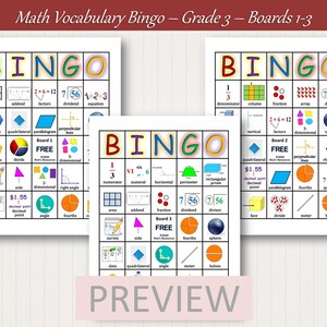 3rd Grade Math Vocabulary Bingo Game - 30 Boards, Adjustable Difficulty ...