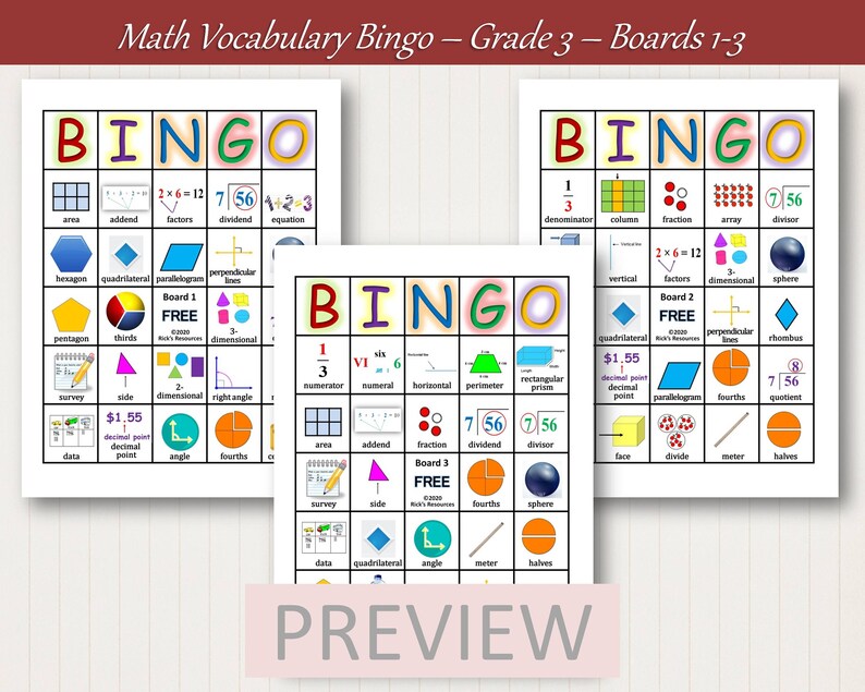 3rd Grade Math Vocabulary Bingo Game - 30 Boards, Adjustable Difficulty ...
