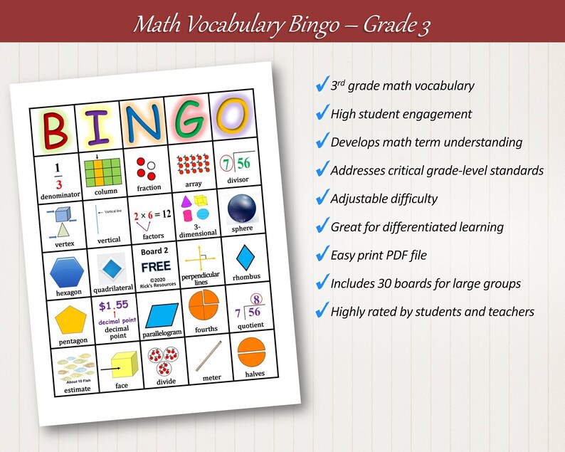 3rd Grade Math Vocabulary Bingo Game - 30 Boards, Adjustable Difficulty ...