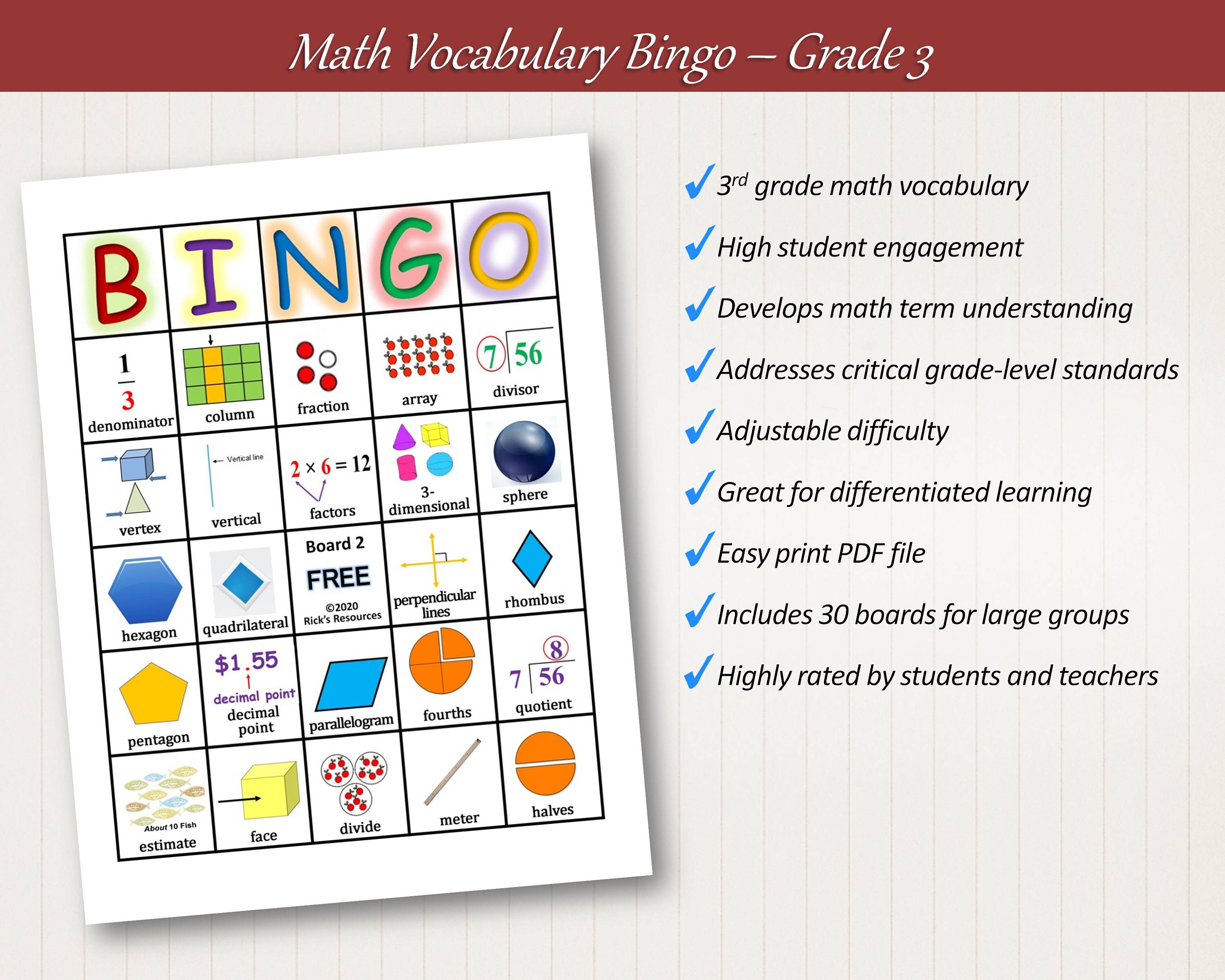 3rd Grade Math Vocabulary Bingo Game 30 Boards, Adjustable Difficulty ...