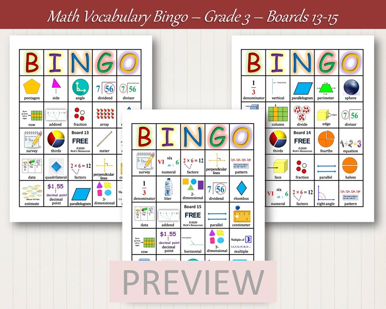 3rd Grade Math Vocabulary Bingo Game - 30 Boards, Adjustable Difficulty ...