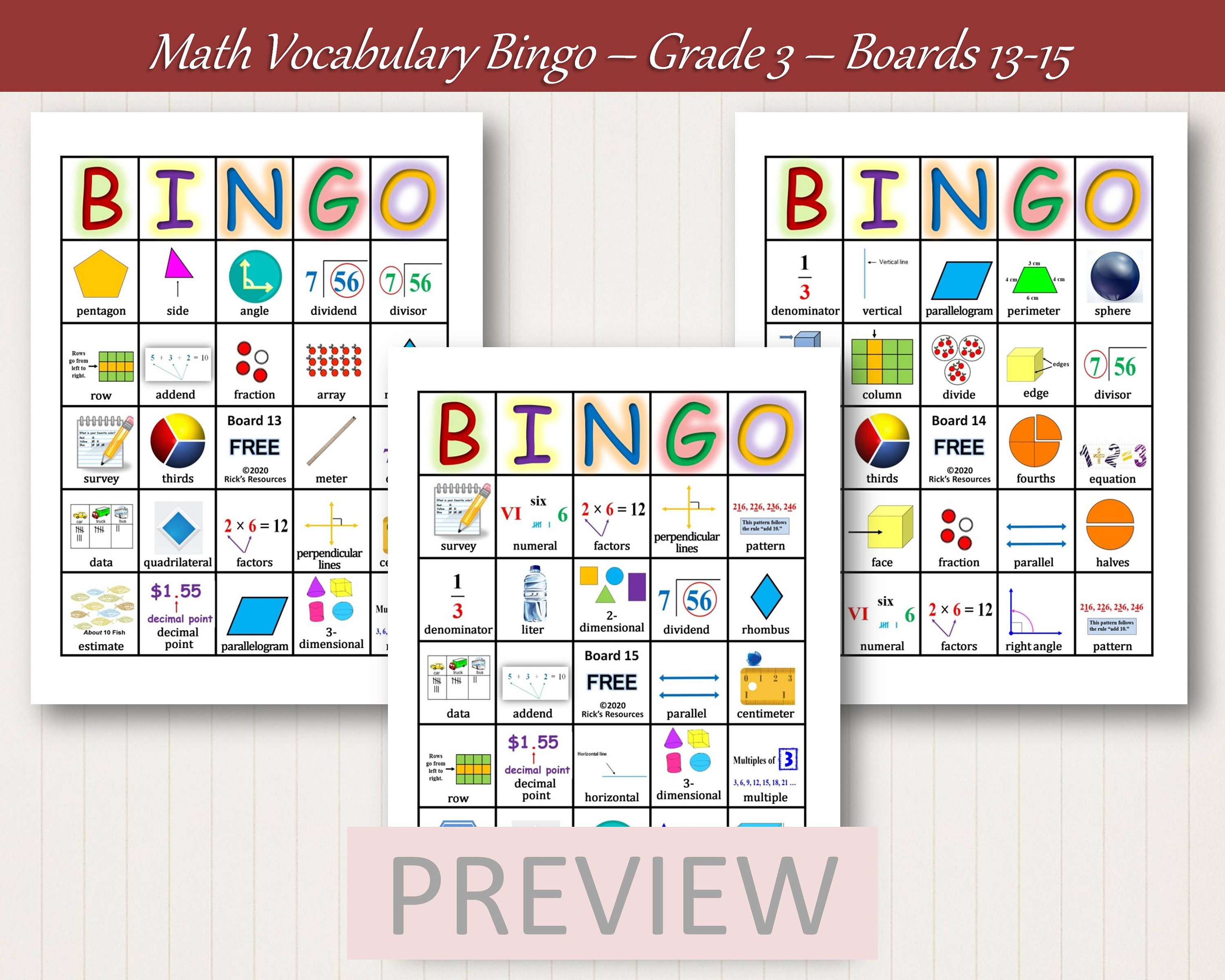 3rd Grade Math Vocabulary Bingo Game - 30 Boards, Adjustable Difficulty ...