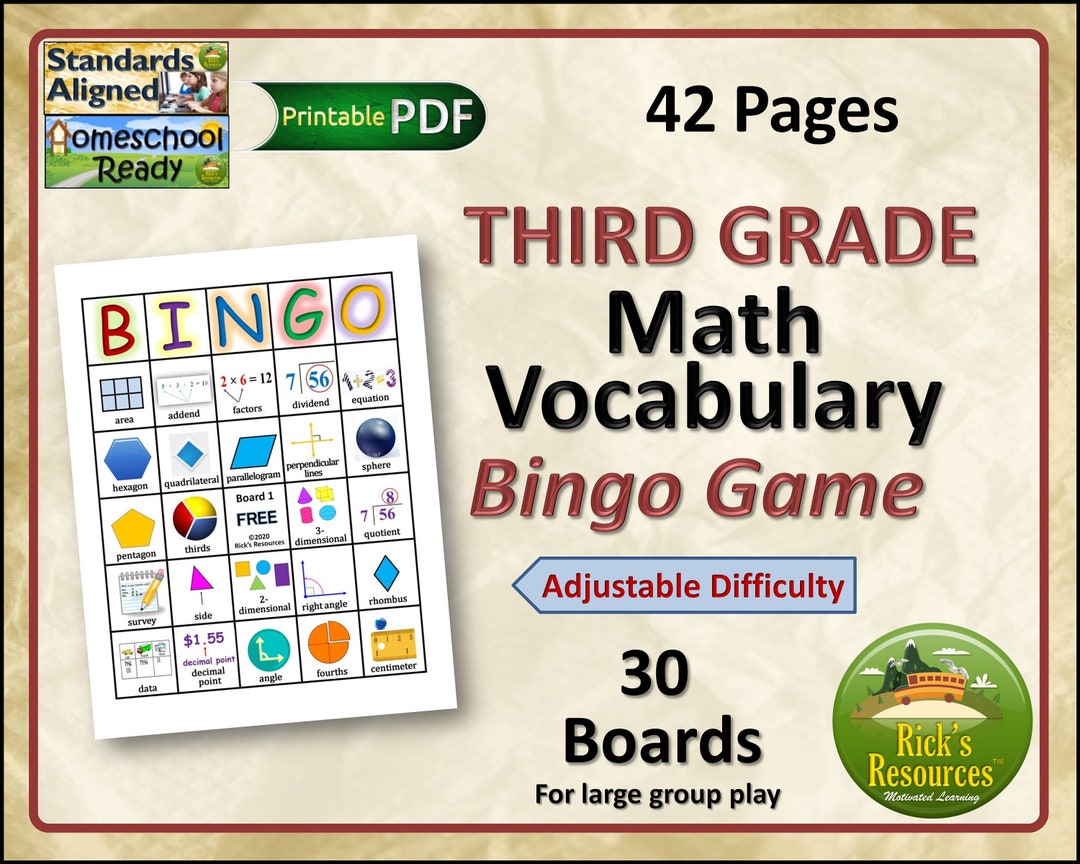 3rd Grade Math Vocabulary Bingo Game - 30 Boards, Adjustable Difficulty ...