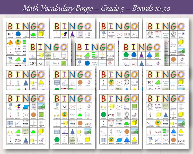 5th Grade Math Vocabulary Bingo Game 30 Boards, Adjustable Difficulty ...