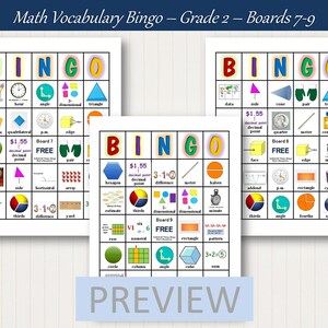 2nd Grade Math Vocabulary Bingo Game - 30 Boards, Adjustable Difficulty ...